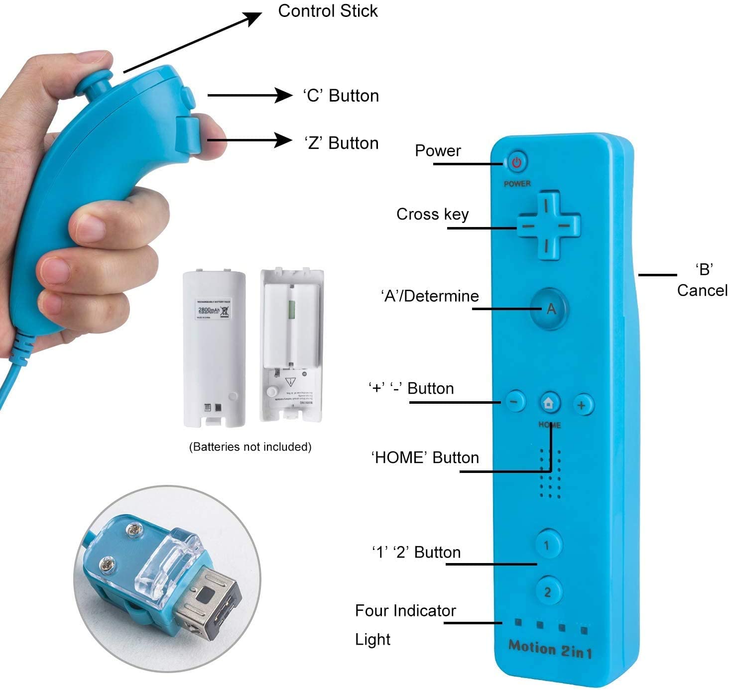 Poulep Gesture Controller and Nunchuck Joystick with Silicone Case for Wii Wii U Console (black + light blue)