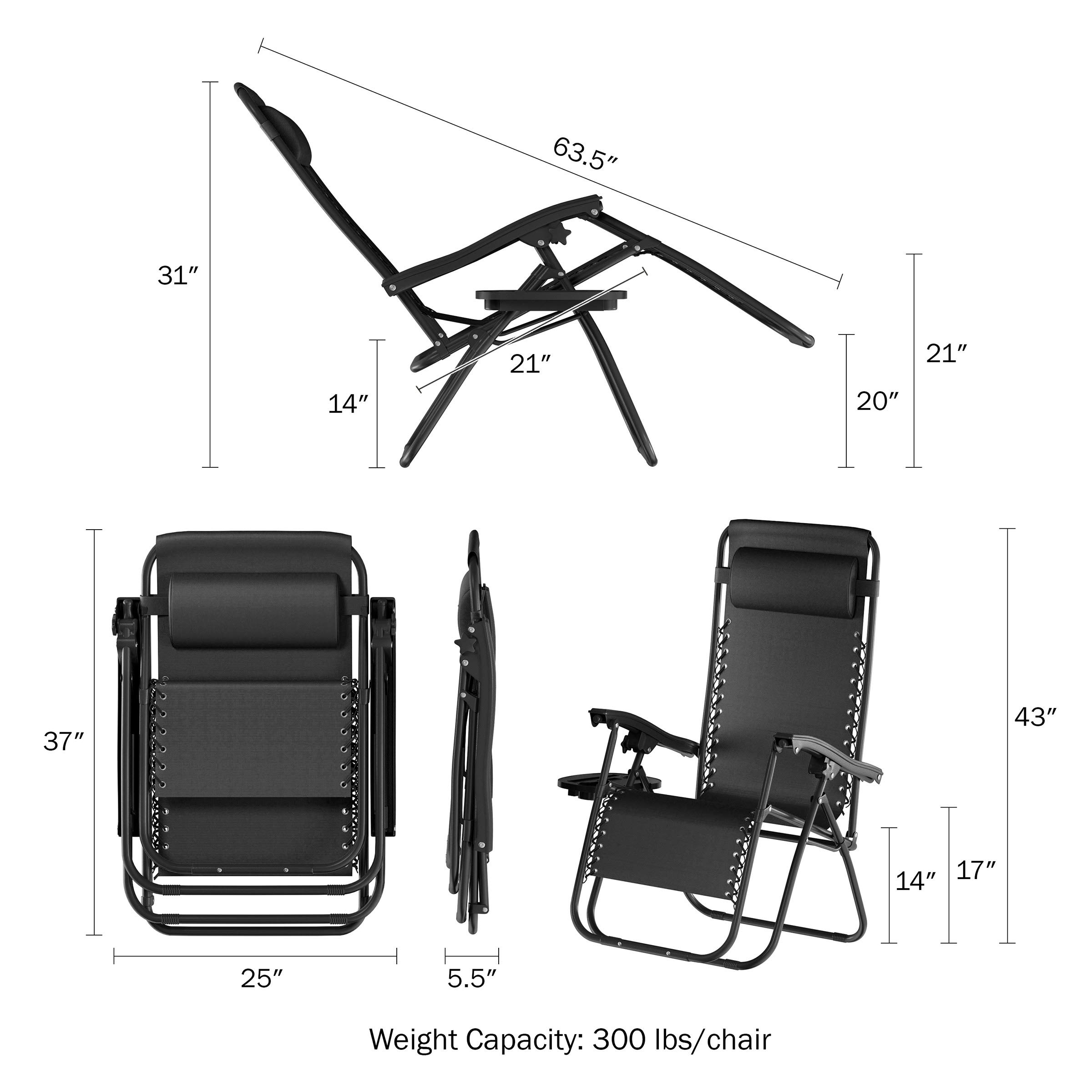 Lavish Home Set of 2 Zero-Gravity Chairs - Folding Patio Furniture - Outdoor Recliners with Side Table, Cup/Phone Holder, and Chair Pillow (Black)