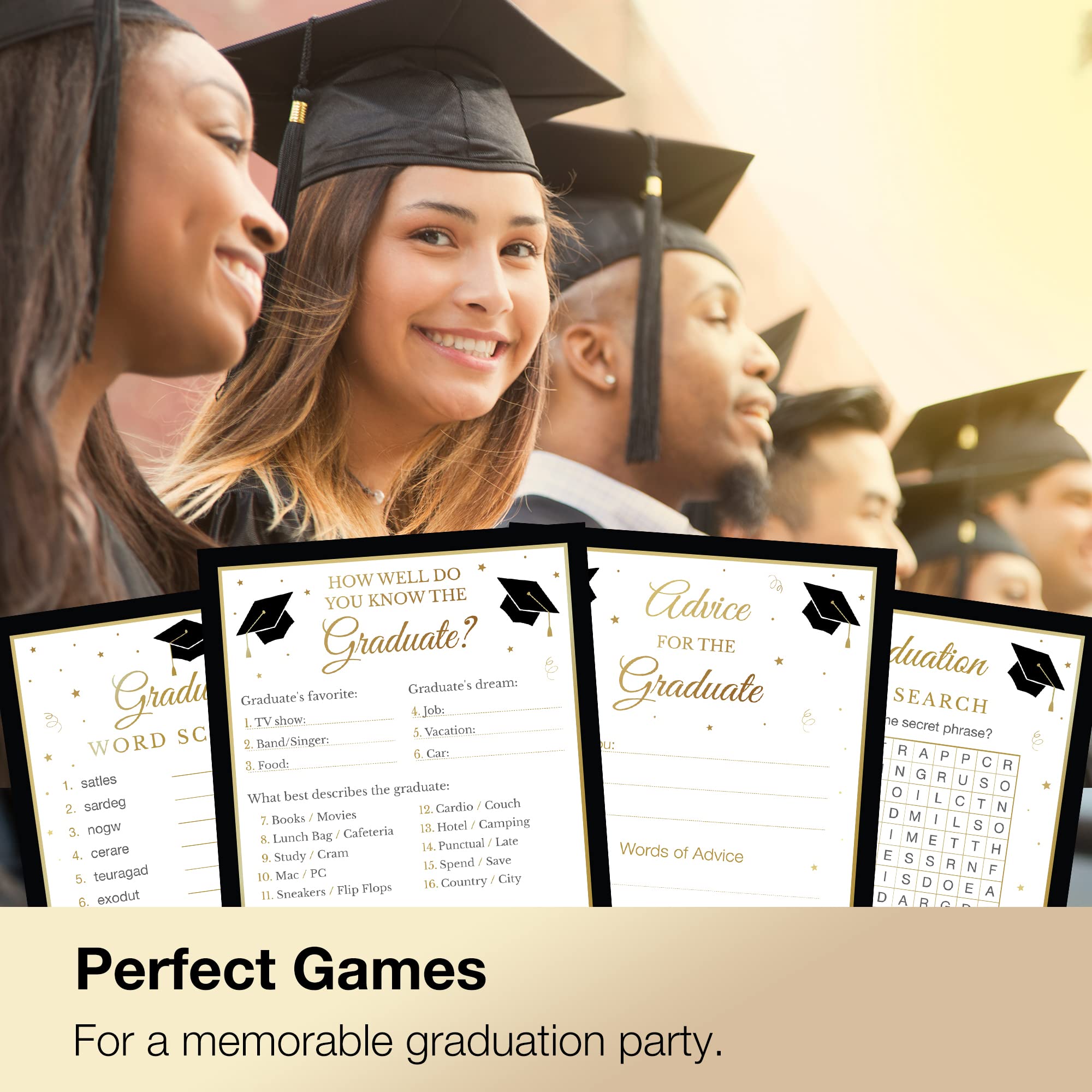 Papery Pop 2024 Graduation Party Games - Set of 4 Games for 30 Guests - Double Sided Cards - Graduation Party Supplies