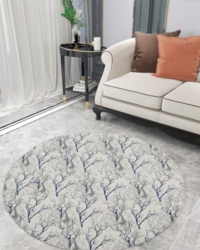 Branches Birds Fluffy Round Area Rug Carpets 3ft, Plush Shaggy Carpet Soft Circular Rugs, Non-Slip Fuzzy Accent Floor Mat for Living Room Bedroom Nursery Home Decor Abstract Contemporary Watercolor