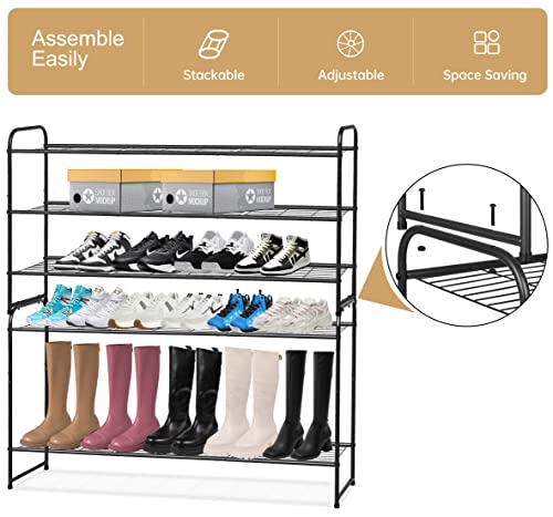 KEETDY 3-Tier Long Shoe Rack for Closet Metal Shoe Organizer for Entryway, Wide Stackable Shoe Storage Shelf with Sturdy Wire Grid for Closet Floor, Bedroom, Black