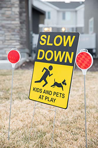 CORQUE Kids at Play Safety Signs for Street, Slow Down & Caution Warning - 2 Pack Double Sided with High Visibility Reflectors & Adjustable Metal Stakes Set - Children Playing Yard Road Visual Signal