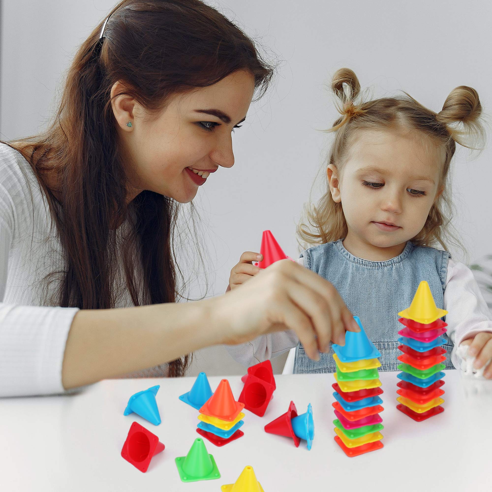 Play Build ConestaX Stacking Game - 48 Pcs Cones Balancing Stacking Toy - Fun STEM/STEAM Activity Games for Toddler - Educational Cone Stack Toys with Plastic Storage Container
