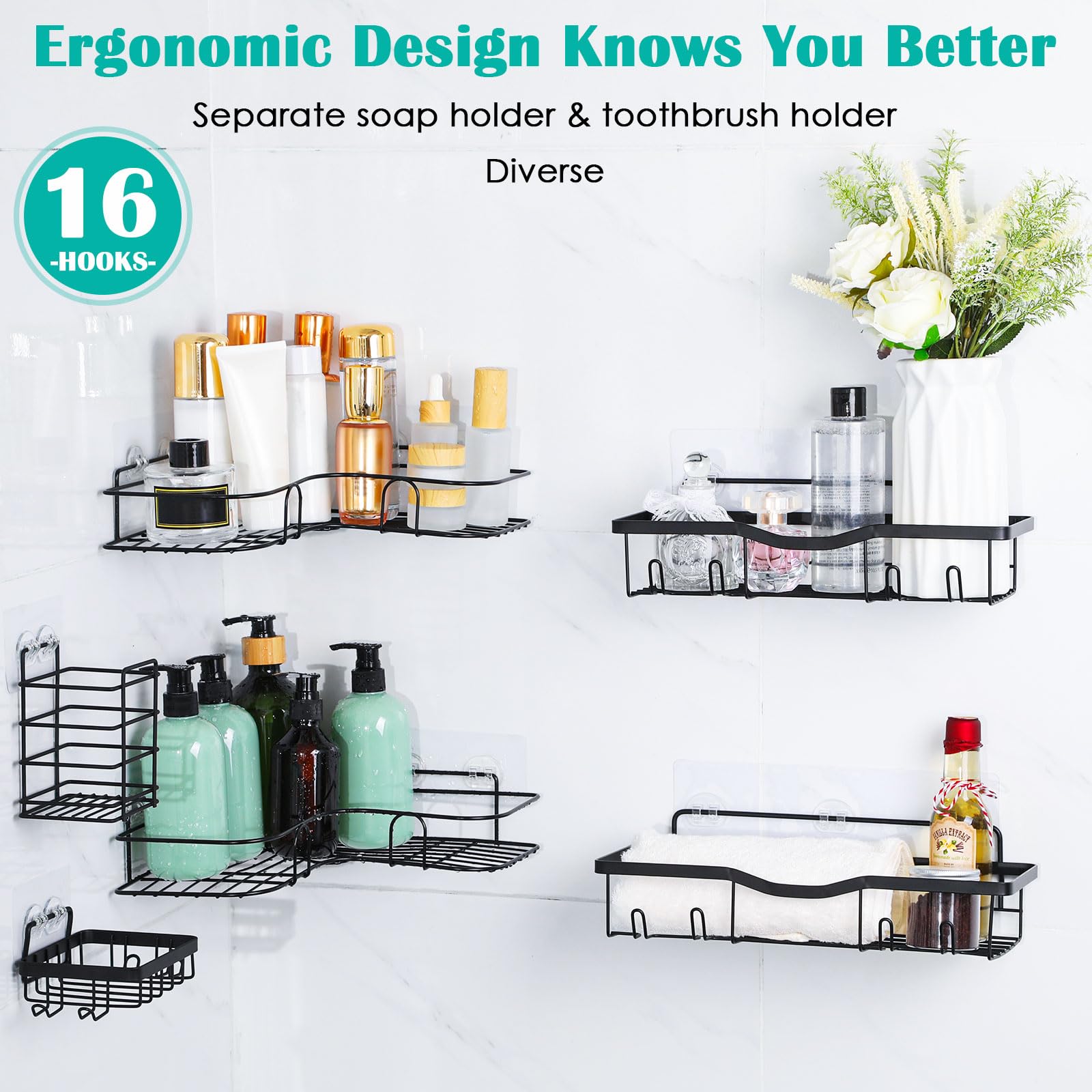 FoldTier 12 Pack Shower Caddy 12.5 Inch Large Capacity Shower Organizer, Sturdy Adhesive Shower Shelf for Inside Shower, Rustproof Stainless Steel Shower Shelves with 14 Hooks, Black