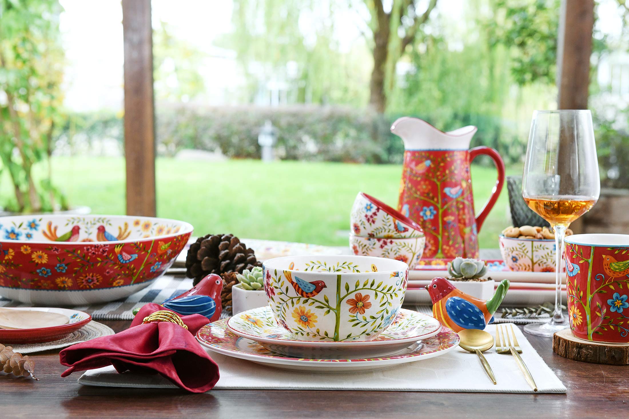 Bico Red Spring Bird Ceramic Dinner Plates Set of 4, 11 inch, for Pasta, Salad, Maincourse, Microwave & Dishwasher Safe