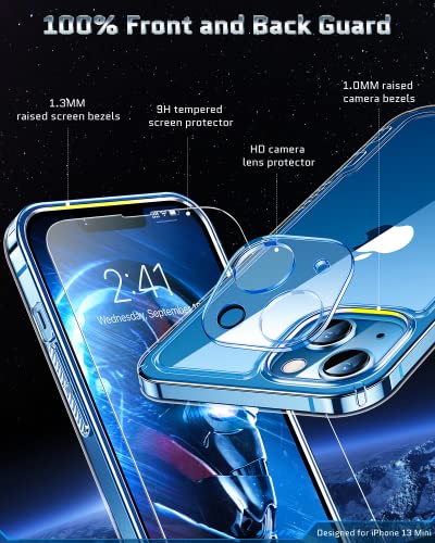 Humixx [5-in-1 Shockproof Designed for iPhone 13 Mini Case with 2 Pack Tempered Screen Protector+2 Pack Camera Lens Protector, Crystal Clear & Non-Yellowing Slim Case for iPhone 13 Mini 5.4