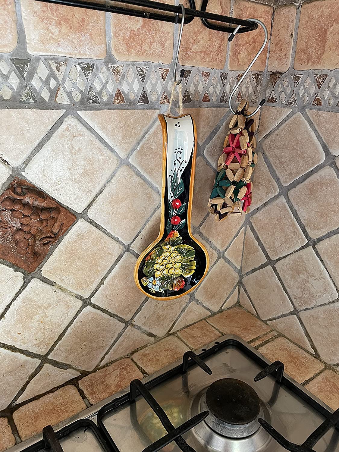 CERAMICHE D'ARTE PARRINI - Italian Ceramic Spoon Rest Holder Decorated Grape Background Black Pottery Art Hand Painted Made in ITALY Tuscan