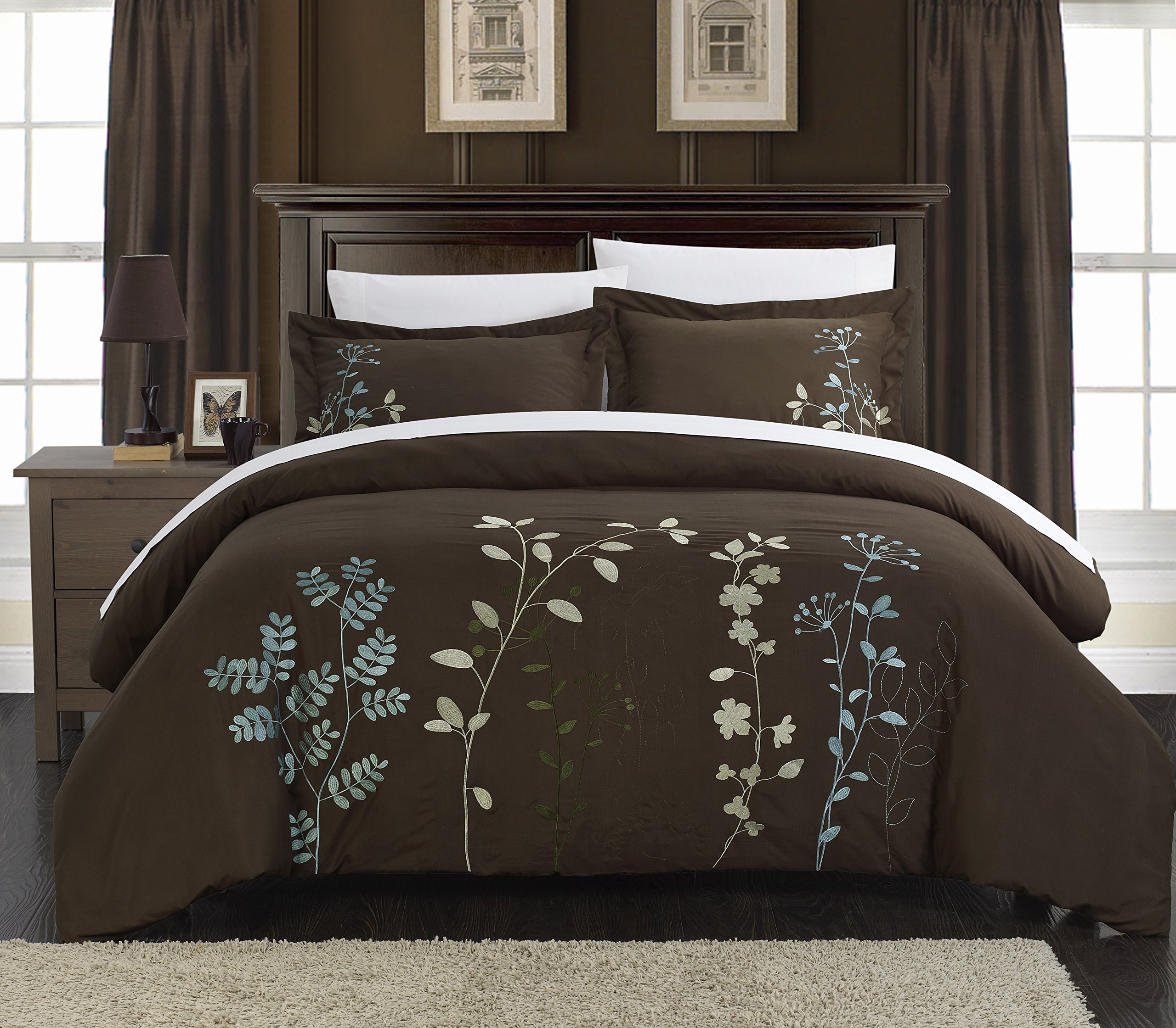 Chic Home 3-Piece Kaylee Floral Embroidered Duvet Set (King, Brown)