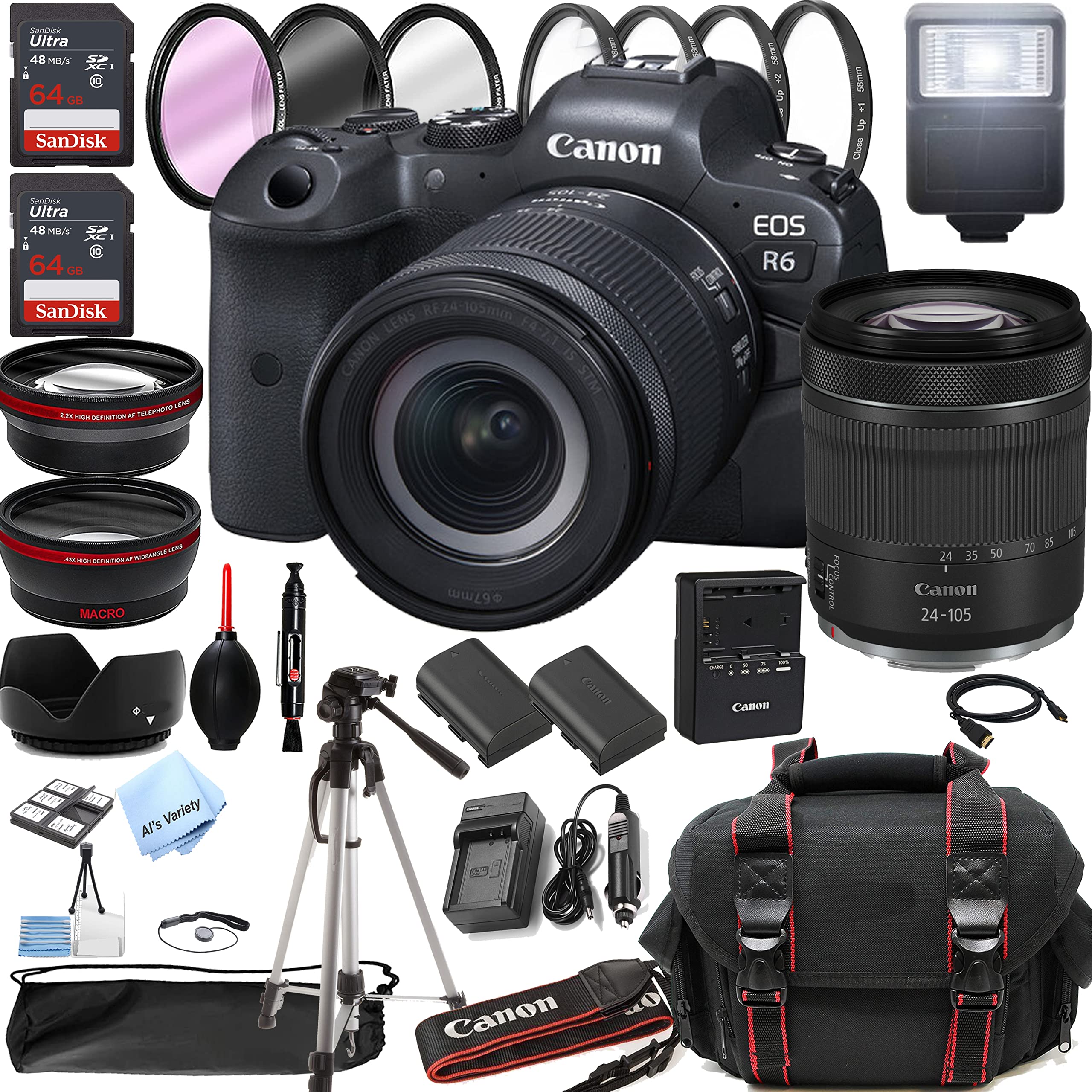 Canon EOS R6 Mirrorless Digital Camera with RF 24-105mm f/4-7.1 STM Lens + 128GB Memory + Case + Tripod + Filters (38pc Bundle)