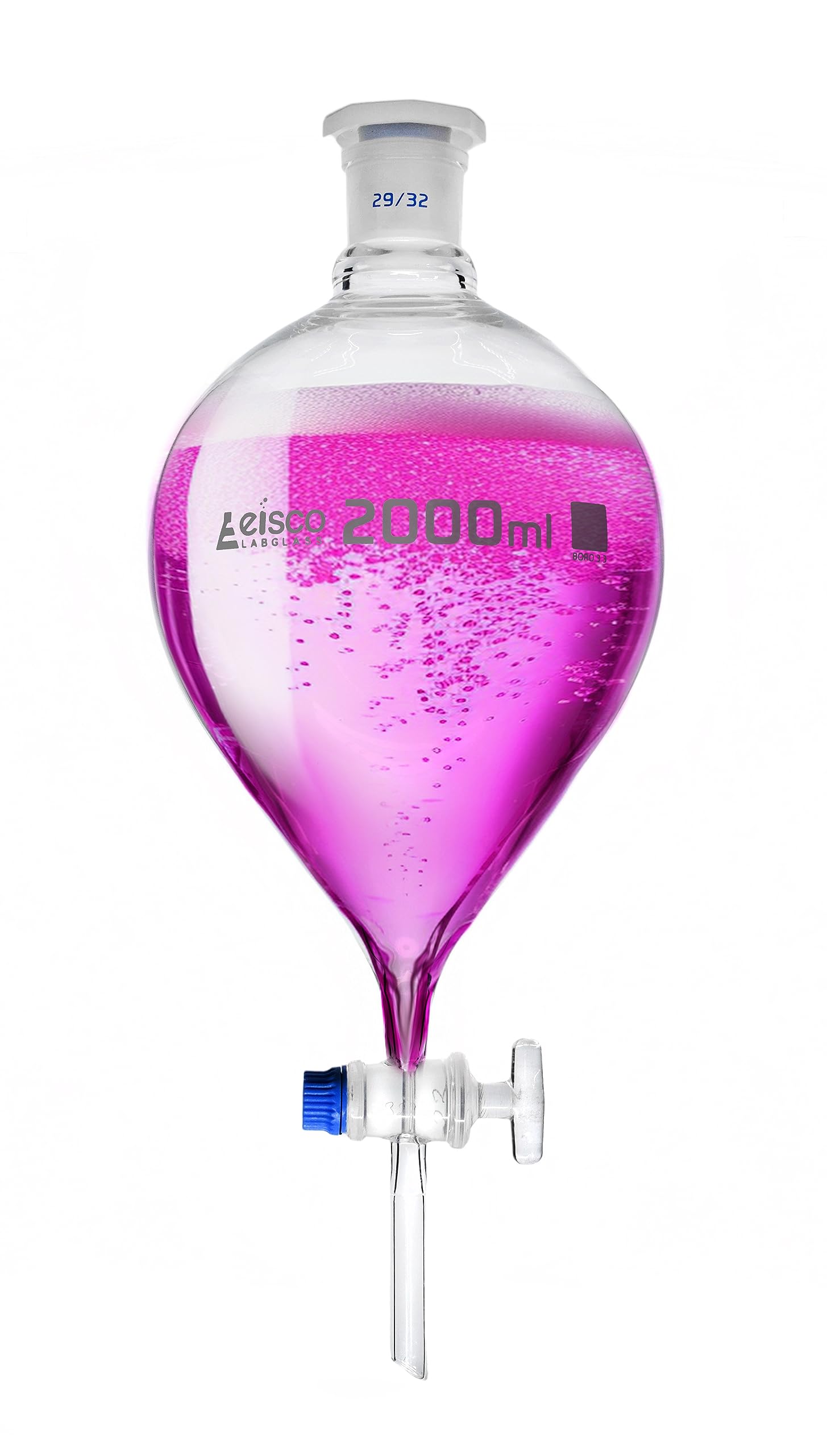 EISCO Separatory Funnel, 2000mL - Pear Shaped - 29/32 Plastic Stopper, Glass Key Stopcock - Borosilicate Glass