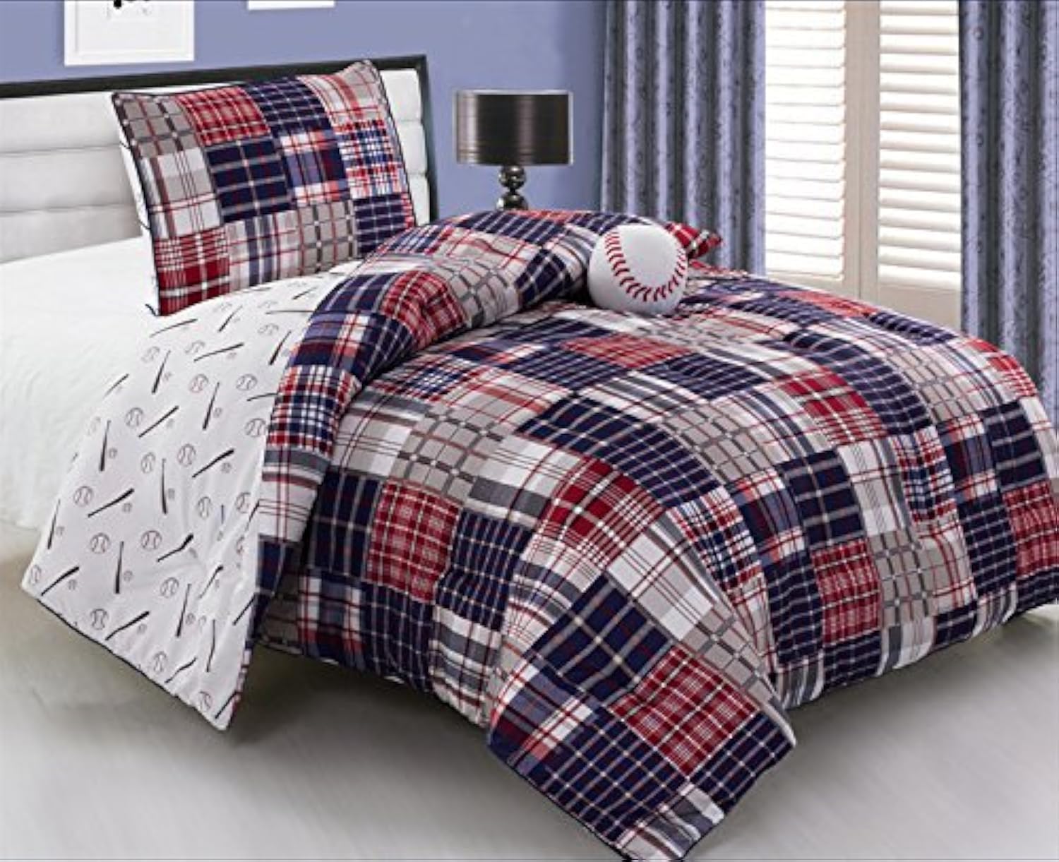 Grand Linen 3 - Piece Kids Twin Size Baseball Sports Theme Comforter Set with Plush Ball Included-Navy Blue, Red, White and Beige Plaid. Boys, Girls, Guest Room and School Dormitory Bedding