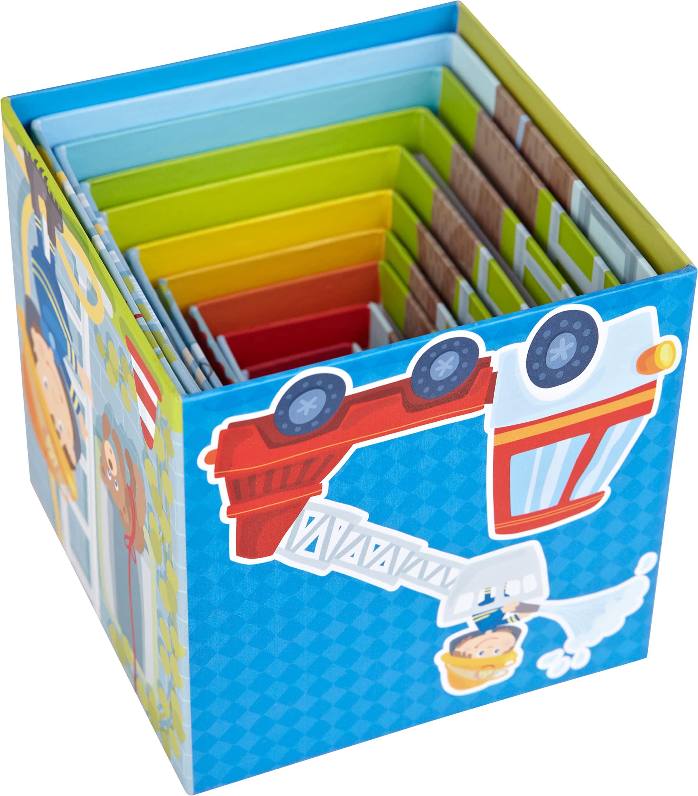HABA Fire Brigade Sturdy Cardboard Nesting & Stacking Cubes - Reinforcing Numbers 1-10 with Rescue Themes on Each Side