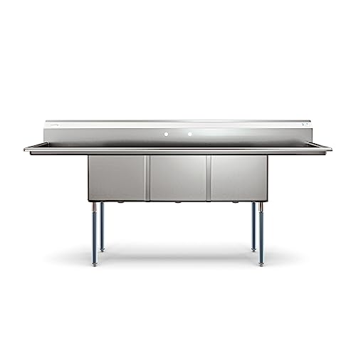 KoolMore 90 in. Three Compartment 18-Gauge Stainless-Steel Commercial Kitchen Sink, Bowl Size 18x18x14, with Three Basins and Pre-Drilled Faucet Holes and Two Drainboards (KM-SC181814-18B3)
