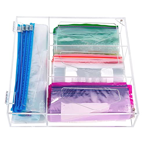 Food Bag Storage Organizer, KEPDTAI Ziplock Bag Organizer Holders Acrylic Kitchen Drawer Compatible with Ziploc, Solimo, Hefty, Glad, Gallon, Quart, Sandwich, Snack, Variety Size Bags (Clear)