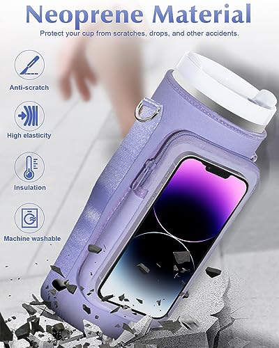 OriJoy Water Bottle Carrier Holder Pouch with Phone Pocket for Stanley Quencher H2.0 & Adventure 40 oz Tumbler, Protector Sleeve with Strap