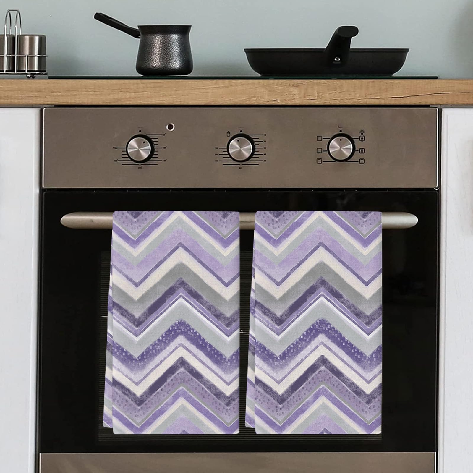 Beisseid Kitchen Dish Towels Purple Grey Chevron Dish Cloth Fingertip Hand Towels Geometric Design Stripe Super Absorbent Soft Cotton Tea Towel 2 PCS