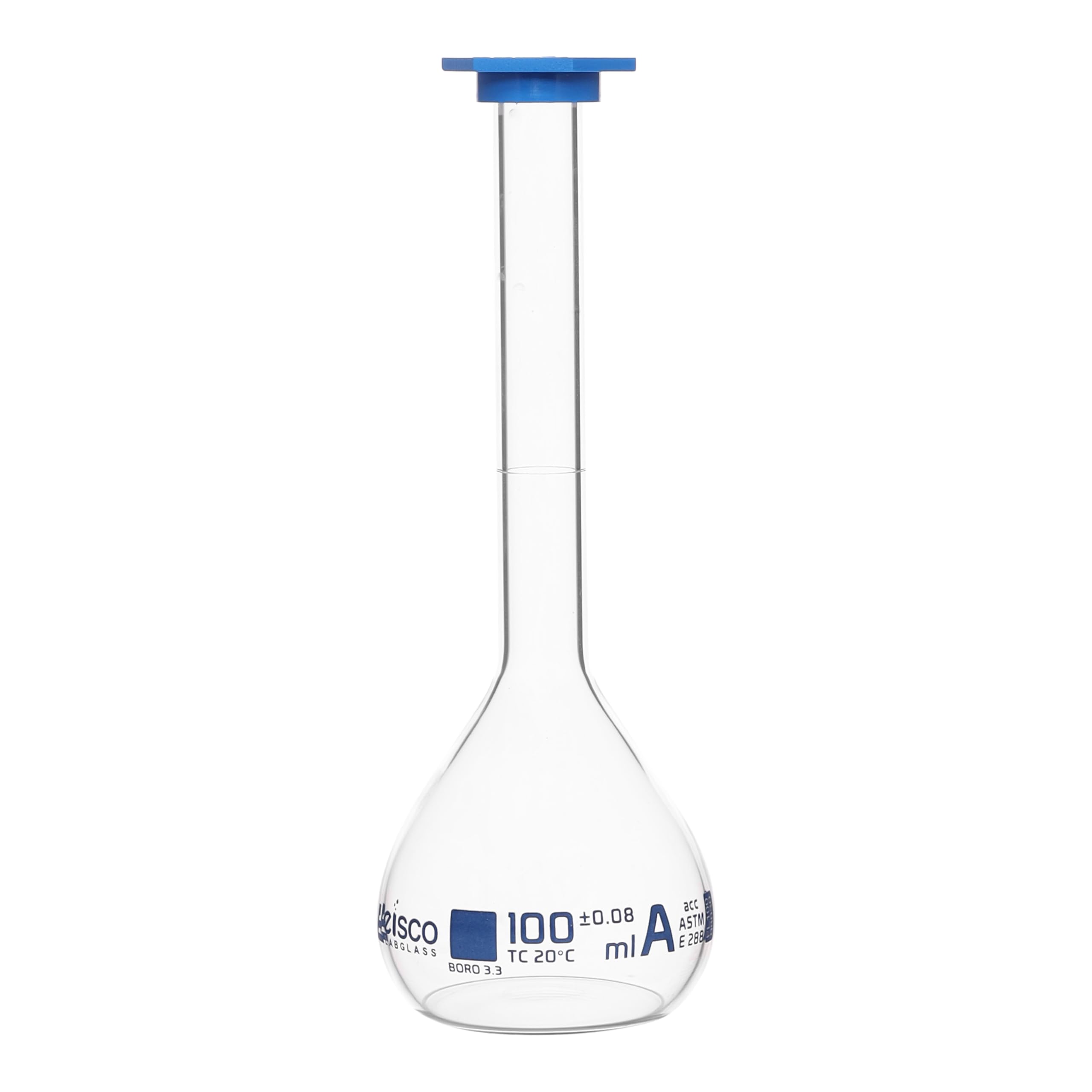 EISCO Volumetric Flask, 100ml - Class A, ASTM - Snap Cap - Blue Graduation Mark, Tolerance Âą0.080ml - Borosilicate Glass
