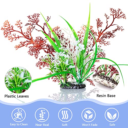 Fishdance Aquarium Plants, Artificial Fish Tank Plastic & Resin Plants and Broken Barrel Decorations Decor White Red Fake Coral Plants Set 8 Pcs