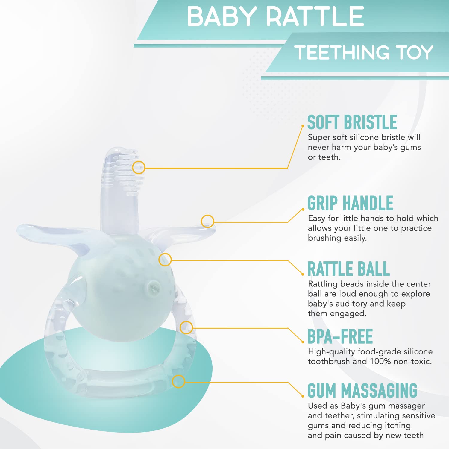 Joymax Baby Teething Toys, BPA-Free and CPSIA Certified Soft Freezable Rattle Molar Teether Toothbrush for Babies 0-6 Month - Food Grade Silicone - Dishwasher & Freezer Safe