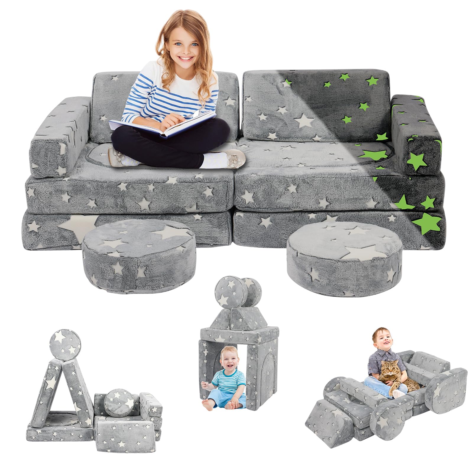 Edbuosy Modular Kids Play Couch- 12-in-1 Large Kids Sofa with Fluorescent Pattern for Playroom Bedroom Kids Couch Suitable for Playing Creativity and Sleeping for Boys and Girls-Grey Star