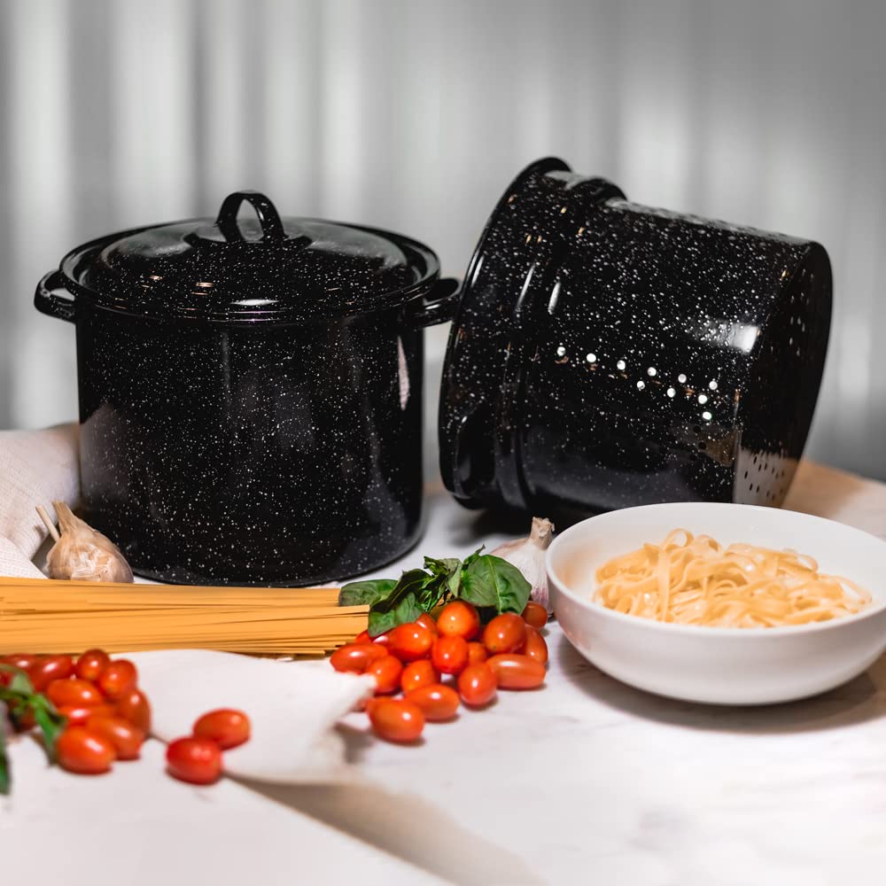 Granite Ware 7.5 Qt 3 Piece Multiuse Pasta Pot Set, Strainer Pot with lid. (Speckled Black) Seafood, Soups, Sauce, Large Capacity. Easy to Clean. Dishwasher Safe.