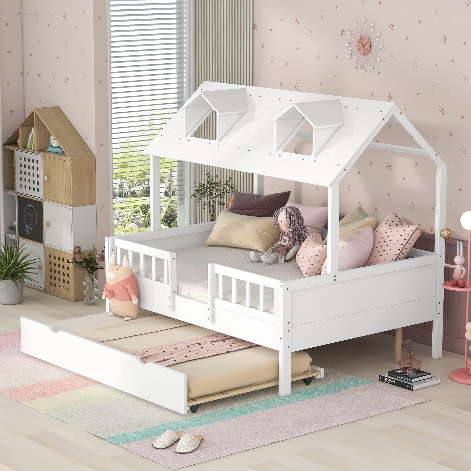 MERITLINE Full House Bed with Trundle, Wooden Platform Bed Frame with Roof, for Kids Teens Girls Boys - White