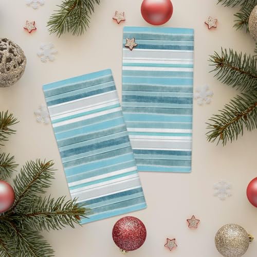 Beisseid Kitchen Dish Towels Aqua Turquoise Stripe Dish Cloth Fingertip Hand Towels Geometric Design Super Absorbent Soft Cotton Tea Towel 4 PCS