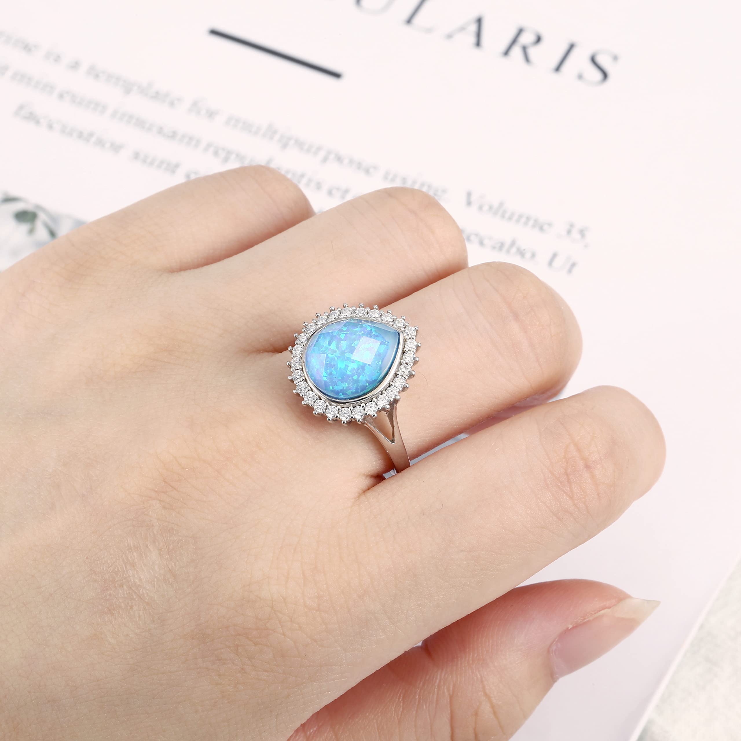 BONLAVIE 10X12mm Created Blue Opal Rings for Women 925 Sterling Silver Pear Shape Solid Opal Engagement Ring Paved Round Cut Cubic Zirconia October Birthstone Ring Promise Ring for Her Size 9