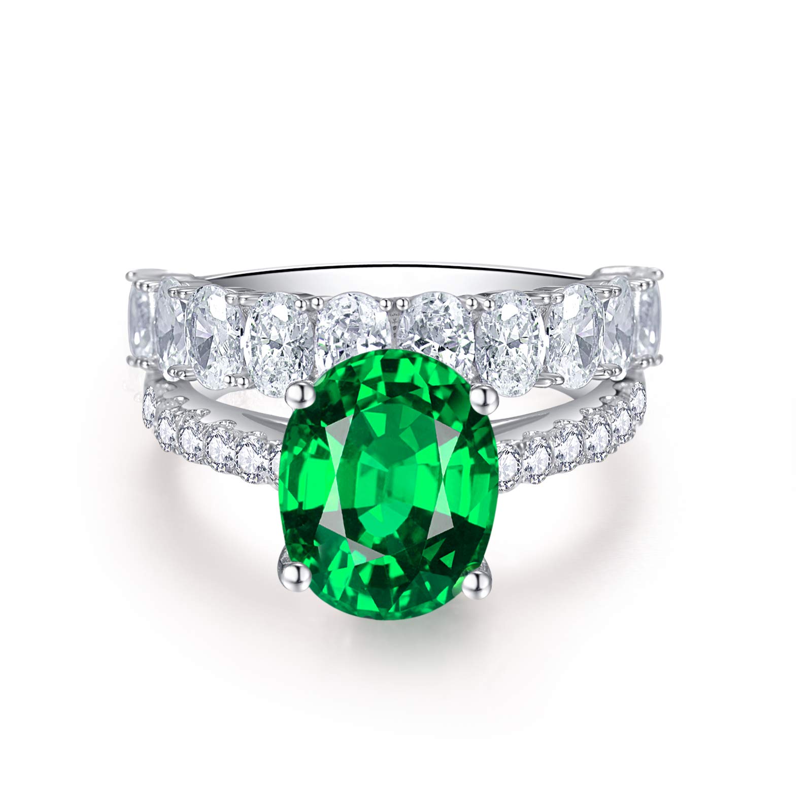 BONLAVIE 2ct Oval Cut Created Emerald Ring for Women with White Cubic Zirconia 925 Sterling Silver Ring Bridal Ring Set Wedding Ring Set for Women Set Size 14