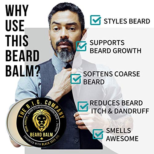 Beard Balm for Men - The B.I.G. Company - Beard Moisturizer & Conditioner with Beeswax for Medium Hold Styling Ease - Black Seed Oil & Argan Oil Supports Beard Growth [Classy Regal Vanilla Scent]
