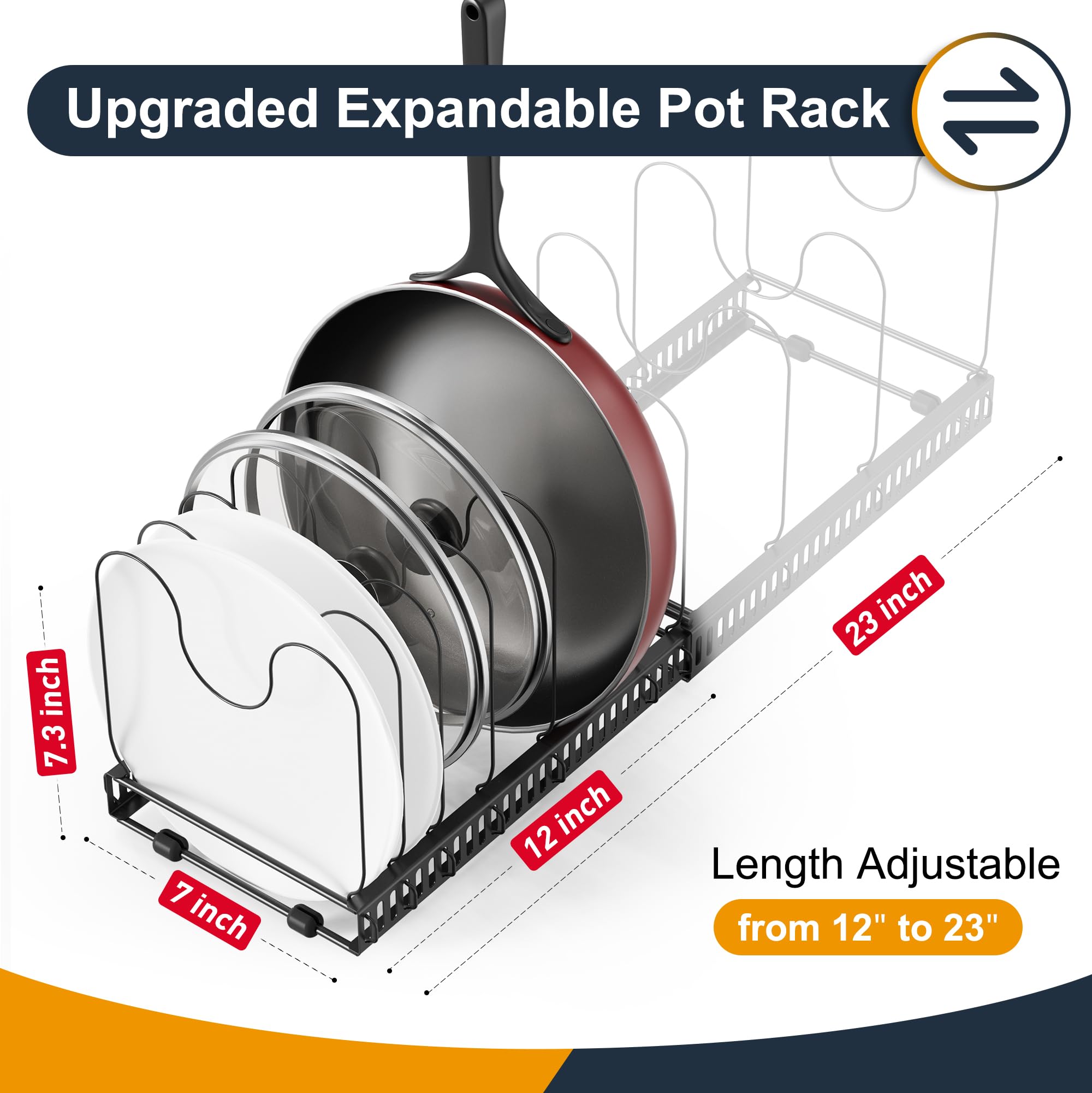 Bellsal Expandable Pots and Pans Organizer Rack for Cabinet, 10+ Adjustable Pot Lid Organizer Rack Holder, Kitchen Cabinet Pantry Pan Organizer Black