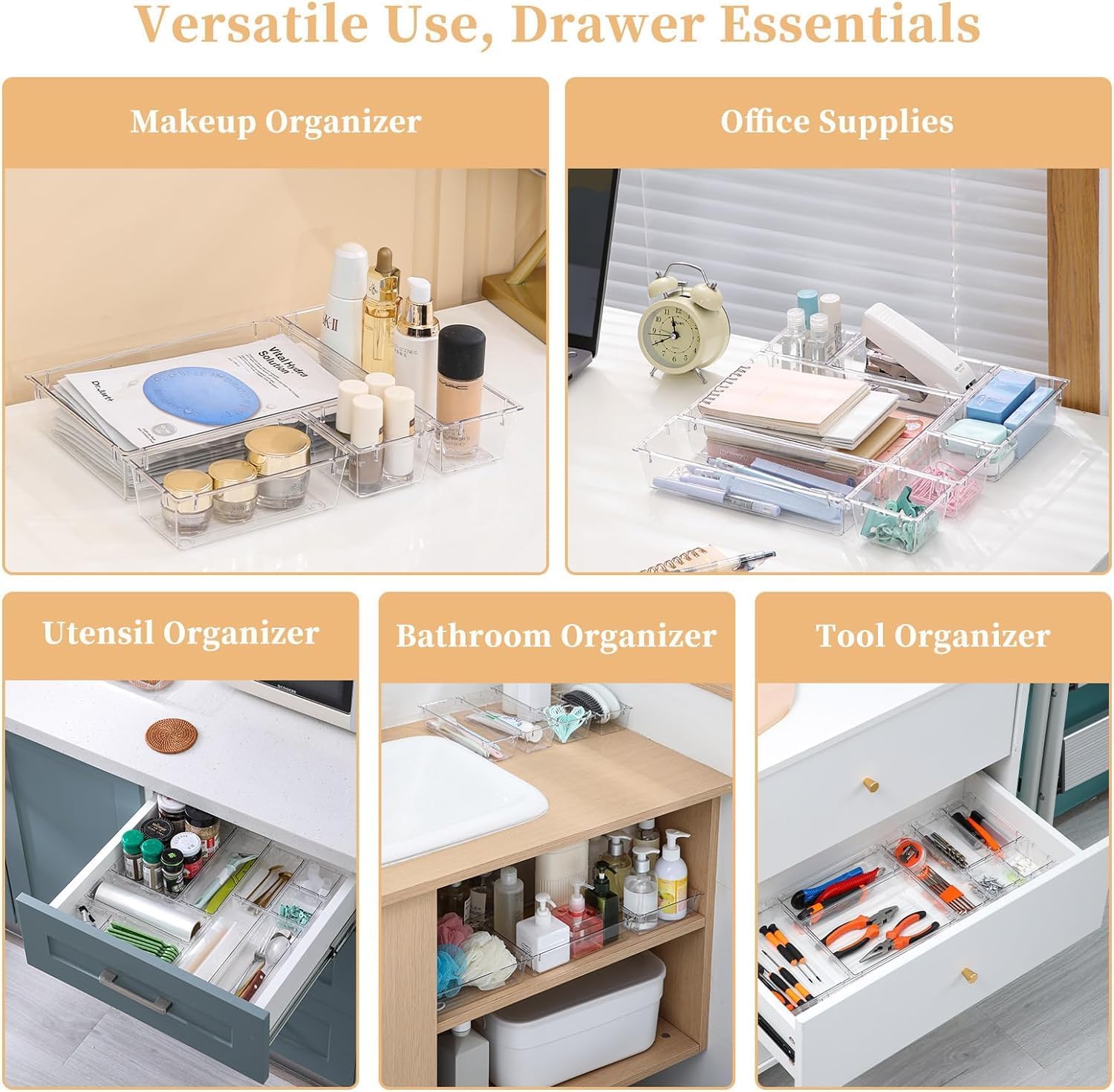 Clear Plastic Drawer Organizer Set - 25 Pcs Desk Makeup Drawer Organizers Trays Divider Versatile Storage Box Bins for Dresser Vanity Jewelry Bathroom Office Supplies Kitchen Utensils Tool Gadgets