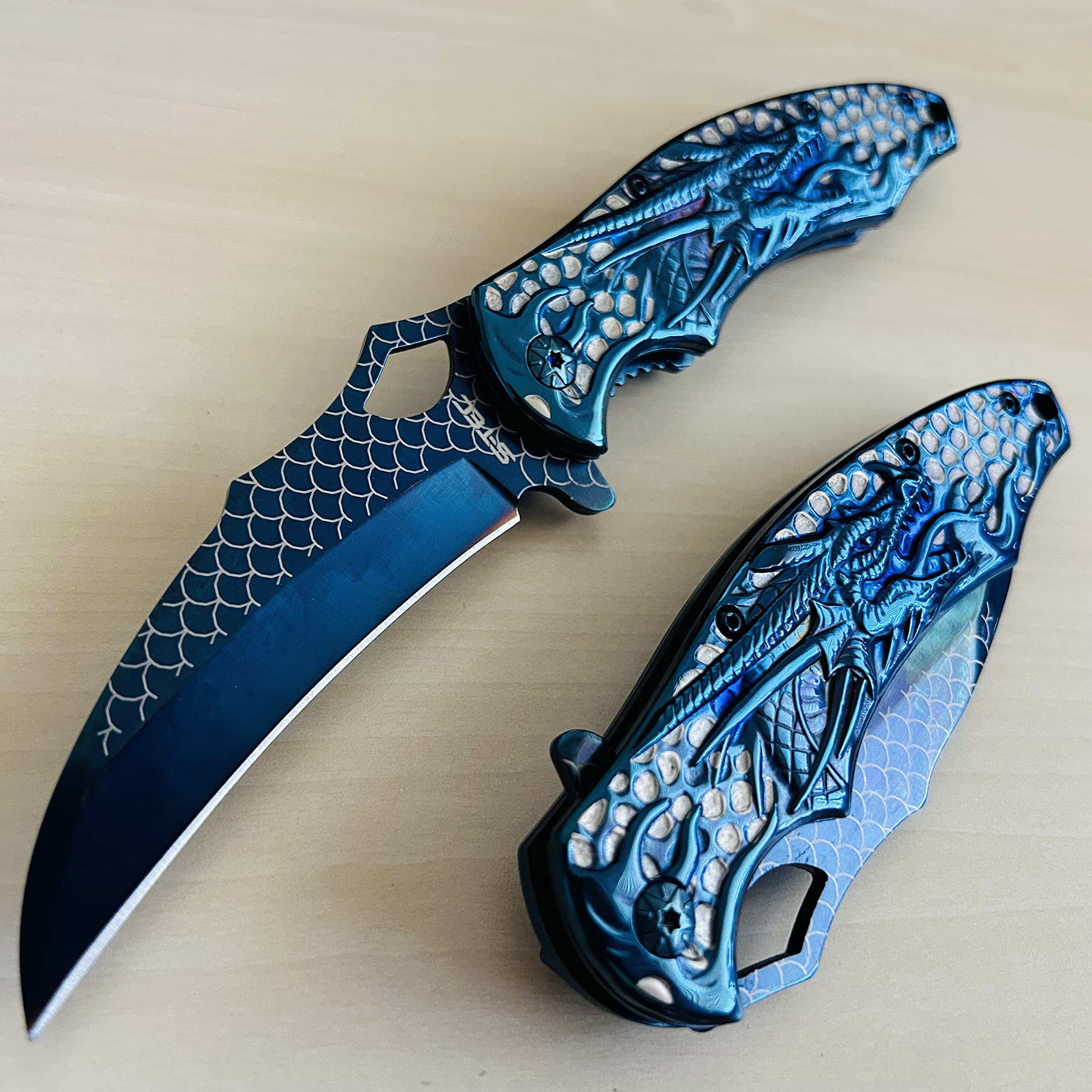 BladeDealUSA Dragon Design Assisted Open Folding Pocket Knife, Dragon Skin Blade, Blue Color, Hunting, Camping Accessories