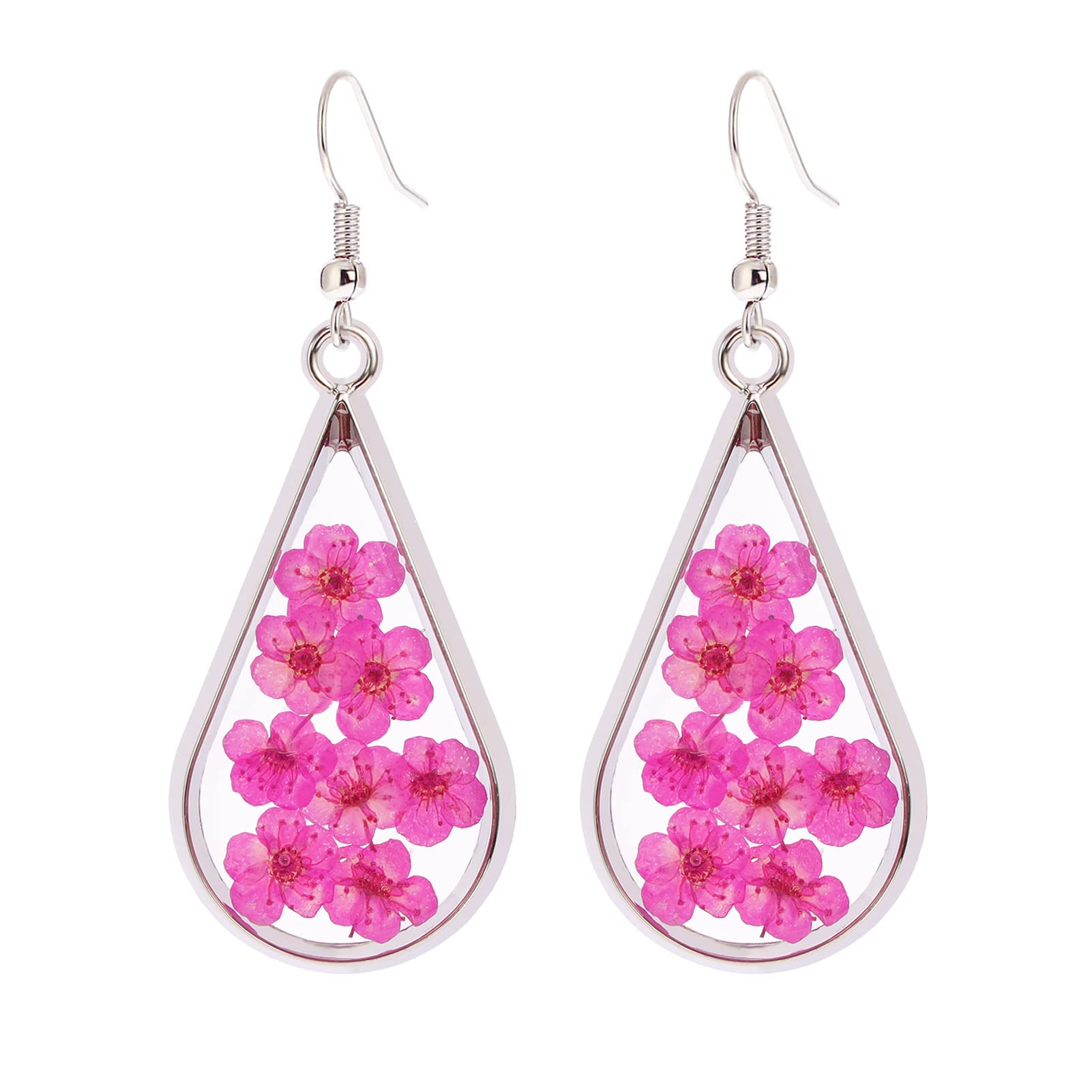 BaubleStar Pressed Dry Flower Hot Pink Teardrop Earrings Natural Dried Flowers Drop Dangle Silver Fashion Jewelry for Women