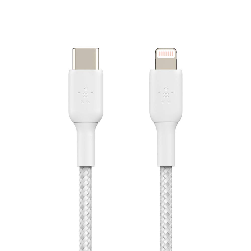 Belkin BoostCharge Nylon Braided USB C to Lightning Cable 6.6ft/2M - MFi Certified 18W Power Delivery iPhone Charger Cord - Apple Charger USB C Cable - Fast Charging for iPhone 14, iPhone 13 - White