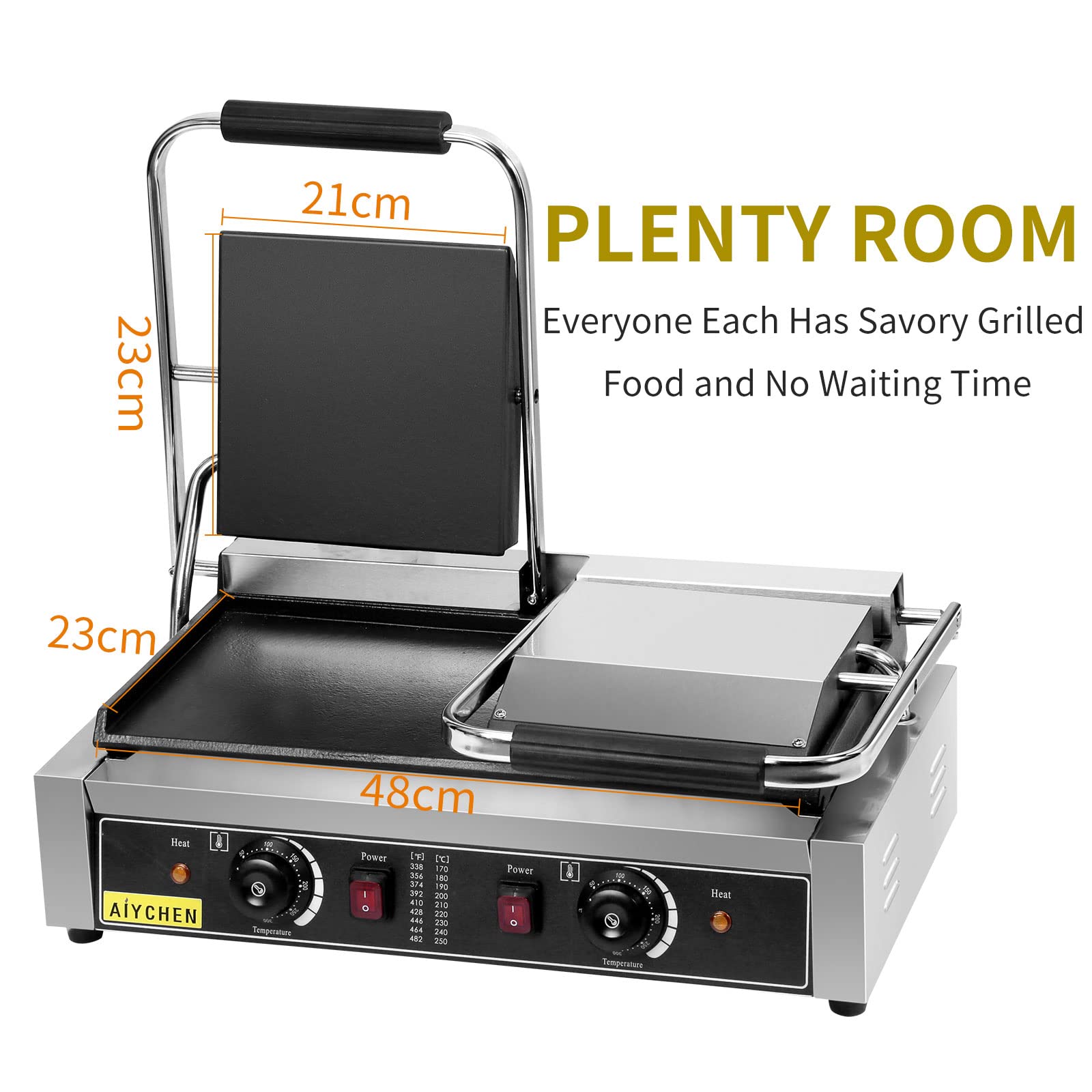 Commercial Panini Press Sandwich Maker 110V 3600W Non-Stick Full Grooved Plates Double Electric Stainless Steel Sandwich Maker for Hamburgers Steaks Bacons (Commercial Plain Press)