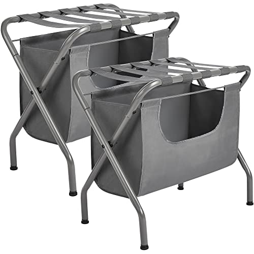 ELYKEN 2 Pack Luggage Rack with Laundry Bag, Guest Room Folding Space Saving Suitcase Holder, Max 110LBS Baggage Shelf with Heavy Duty Nylon Belts, Dirty Clothes Storage for Bedroom Hotel