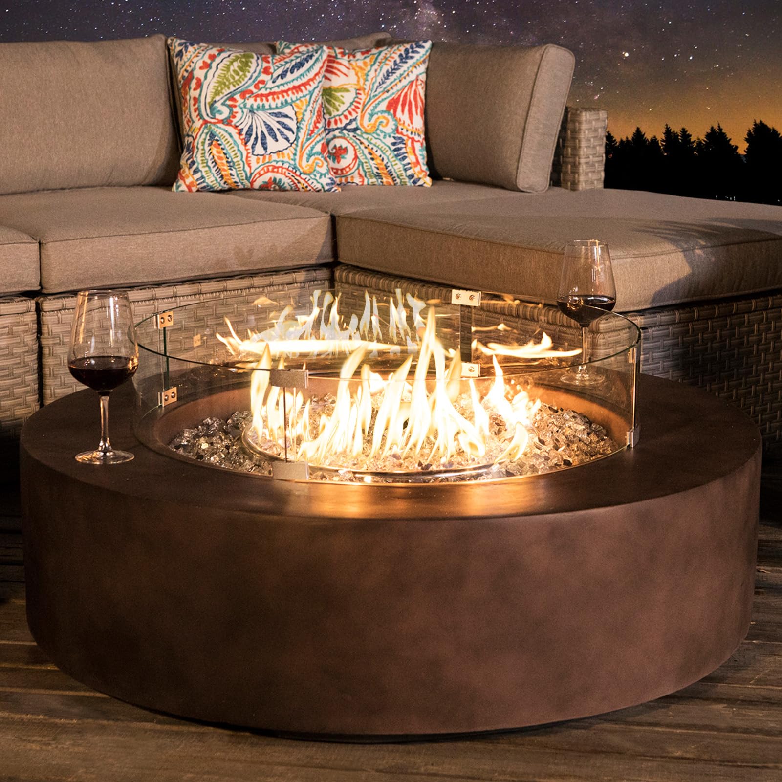 COSIEST Outdoor Propane Fire Pit Coffee Table w Dark Bronze 40.5-inch Round Base Patio Heater, 50,000 BTU Stainless Steel Burner, Wind Guard, Transparent Gray Fire Glass, Waterproof Cover