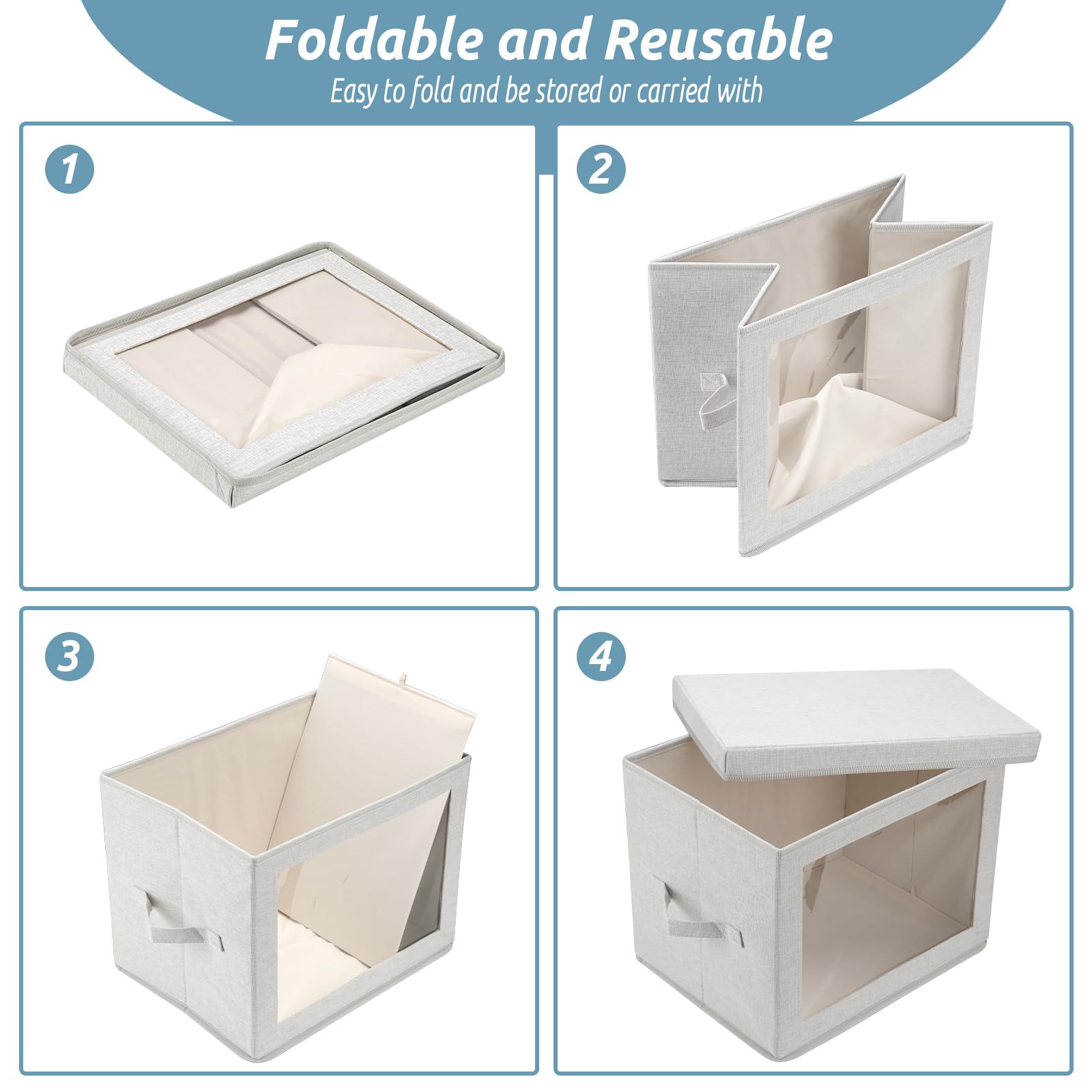 Bellzacasa Large Collapsible Storage Bins with Lids, 3 Pack Foldable Clear Window Storage Boxes with Handles, Linen Fabric Storage Cubes Baskets Organizer Containers, Beige, 15.8x11.8x11.8β