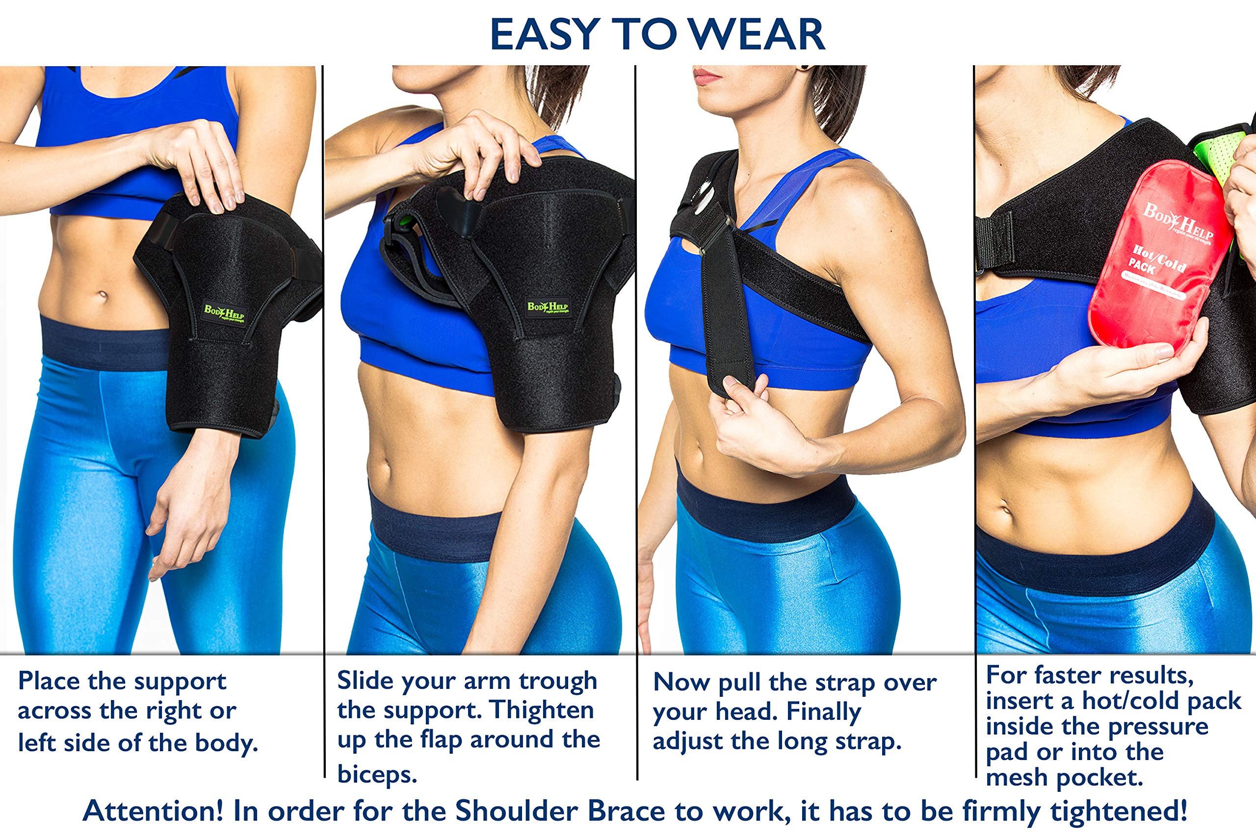 Body Help Shoulder Brace Support for Women&Men with 2 Hot Cold Reusable Packs for Pain Relief - Left/Right Shoulder - Fits Most People - Please Check Sizes