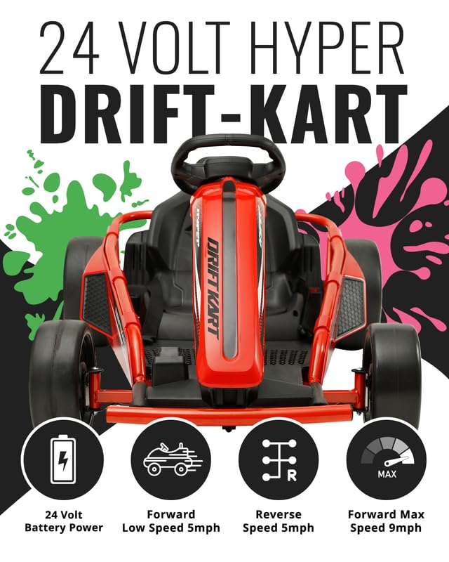 Hyper 24V Ride-On Electric Go Kart for Kids 8-14 Years, 3-Speed Setting with Drift Kart Mode, Foot Accelerated Pedal, Up to 9MPH Speed, 154 Lbs Max Weight, Ergonomic Seat & Sturdy Steel Frame, Red
