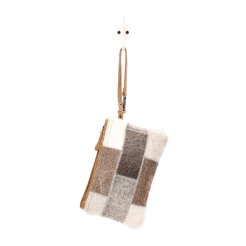 Myra Bag Silver Brick Upcycled Leather & Cowhide Wristlet Pouch Bag S-1502