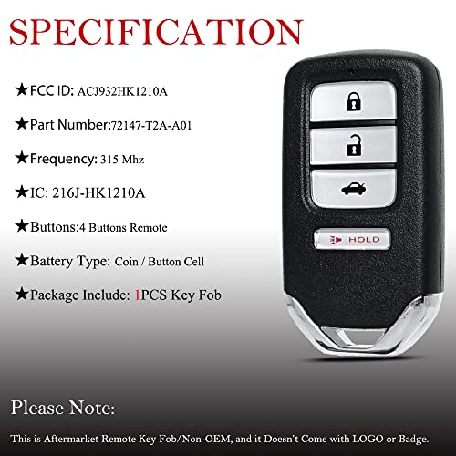 Key Fob Remote Replacement Fits for Honda Accord 2013-2015/CIVIC 2014-2015 ACJ932HK1210A Keyless Entry Remote Control 72147-T2A-A01