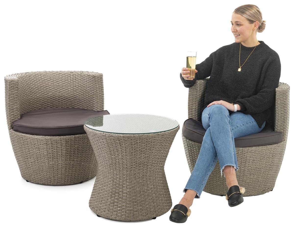 Displays2go Synthetic Wicker Outdoor Furniture Set, Three Piece, Weather-Resistant, Stackable - Taupe (FDOUTDOOR1)