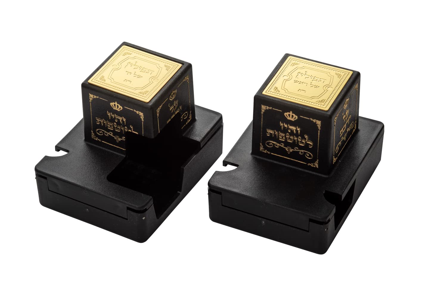 Plastic Tefillin Boxes Case Cover with metal plate on top set of 2 Shel Rosh And Shel Yad For Righty (Black And Gold Rabbeinu Tam, 35)