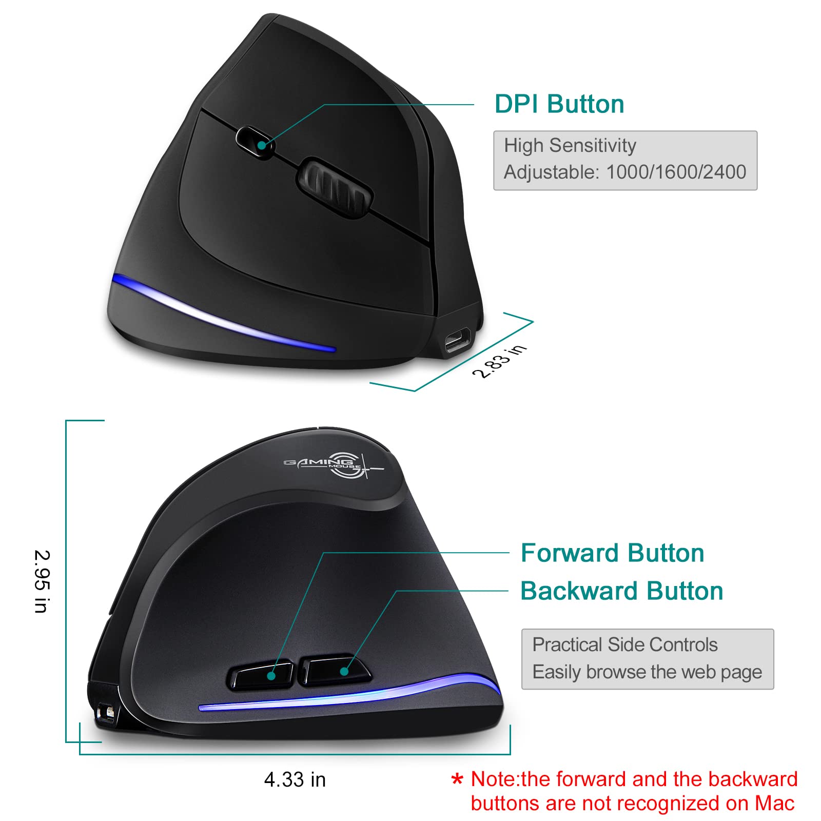 TRELC Wireless Mouse Tri-Mode (BT 5.0/3.0+2.4GHz), Ergonomic Vertical Mouse with 3 Adjustable DPI, Rechargeable Optical Wireless Mouse for 3 Devices, 7 Buttons for PC, Desktop, Laptop, Tablet (Black)