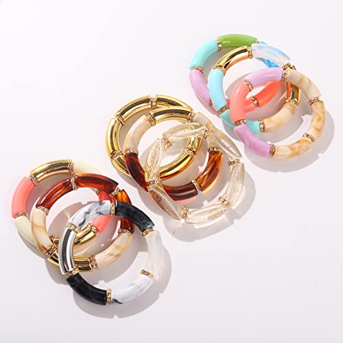 Bamboo Tube Bracelet Chunky Bangle Gold Stacking Bangles Acrylic Clear Stretchable Colorful Beads Friendship Bracelets Gift For Women (colorful rainbow)