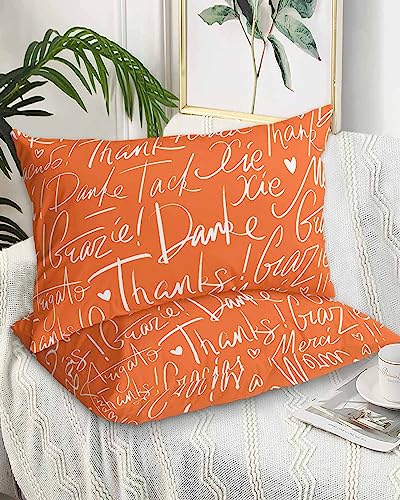 Edwiinsa Orange Pillow Covers Standard Size Set of 2 Bed Pillow, Farmhouse Modern White Thanks Words Plush Soft Comfort for Hair/Skin Cooling Pillowcases with Envelop Closure 20''x26''