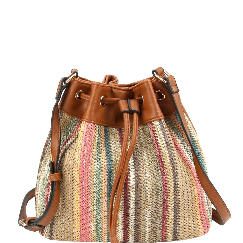 Boho Vegan Leather Multicolor Faux Straw Bucket Shoulder Bag Hobo Tote Crossbody Purse (Multicolored Straw Bucket - Multi2)