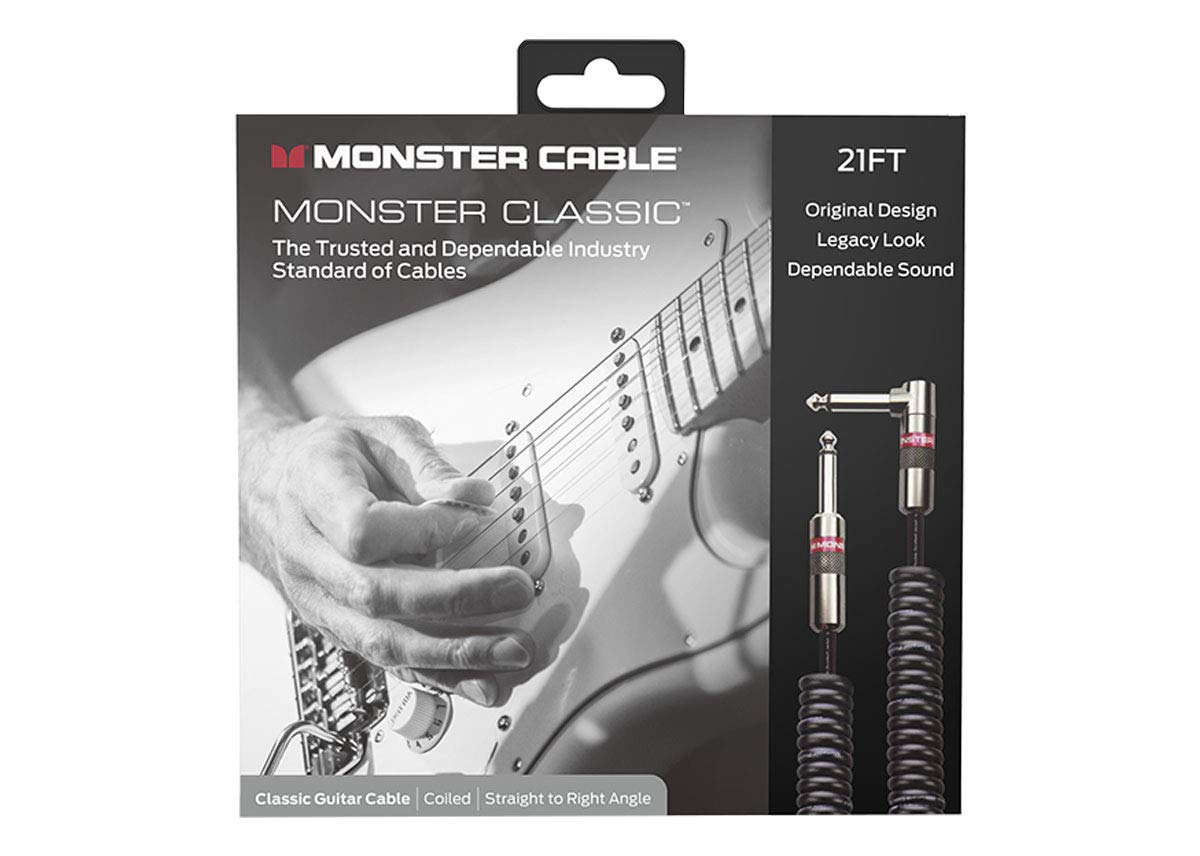 Monster Prolink Classic Instrument Guitar Cable - 21 ft Straight to Right Angle Instrument Cable. All Metal & Duraflex Outer Jacket. 90% Copper Braided Shield Monster Coiled Black Instrument Cable